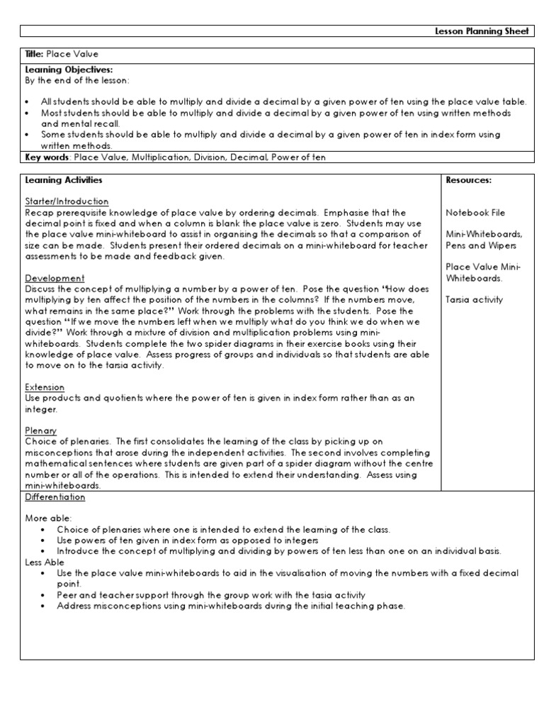Lesson Planning Sheet Title: Place Value Learning Objectives | PDF ...
