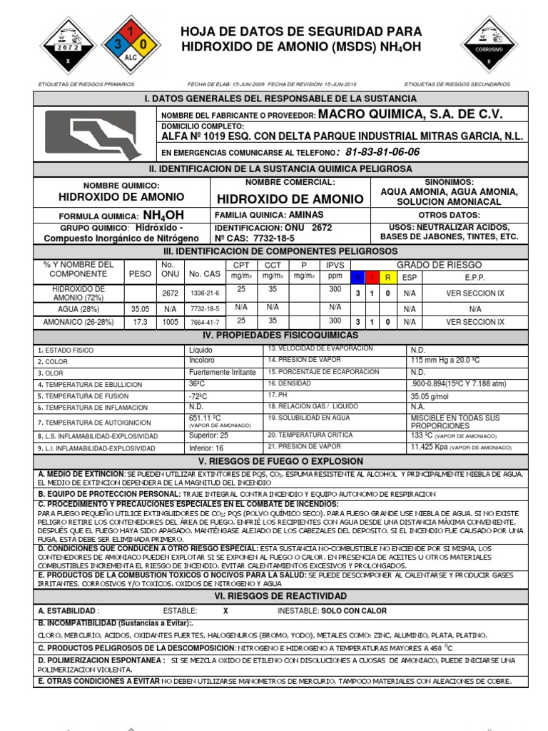 Msds Hidroxido de Amonio (Hoja de Seguridad) | Amoníaco | Oxígeno