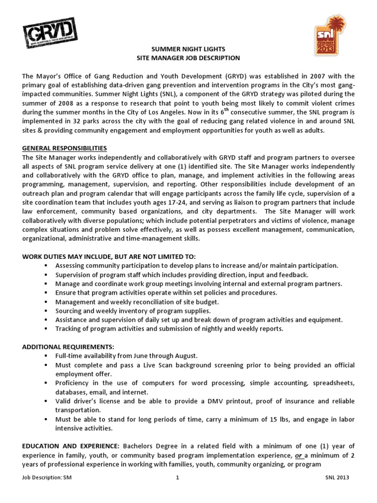 SNL Site Manager Job Description | PDF | Violence | Business