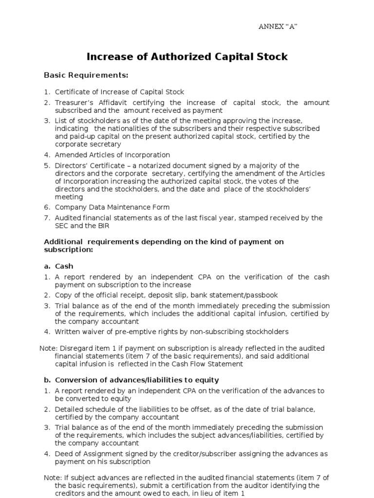 Increase of Authorized Capital Stock | Dividend | Stocks