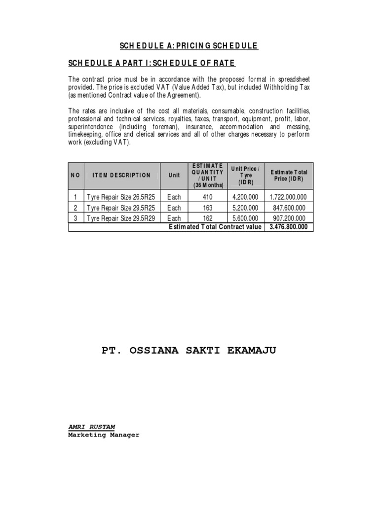 Pt. Ossiana Sakti Ekamaju: Schedule A: Pricing Schedule Schedule A Part I: Schedule of Rate ...