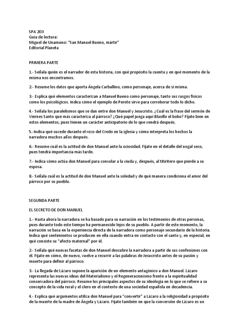 Guia de Lectura San Manuel Bueno Martir I-II-III | PDF | Narración ...