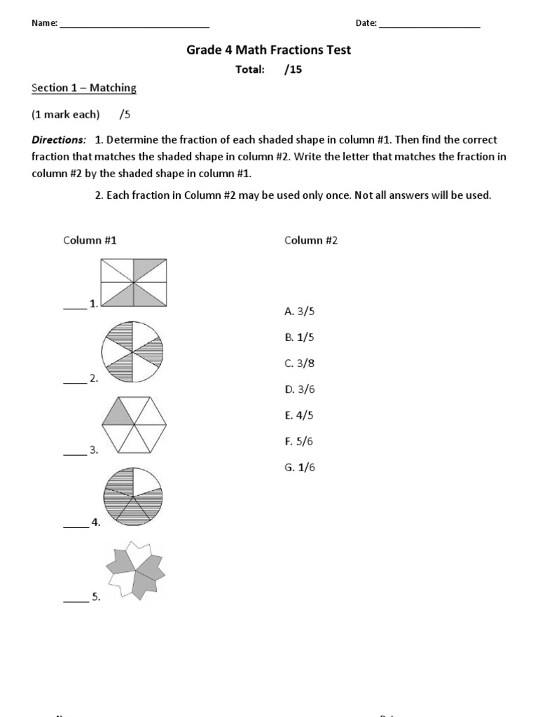 Grade 4 Math Fractions Test: Section 1 - Matching (1 Mark Each) /5 | PDF