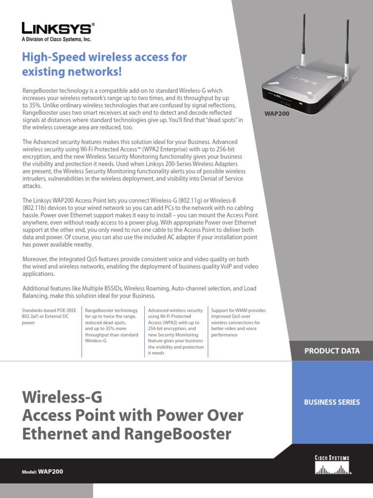Data Sheet Linksys WAP200 Indoor Wireless Access Point | PDF