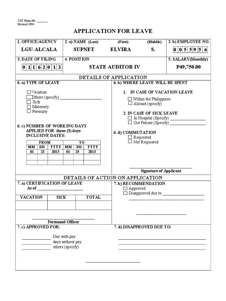Leave Application Form for LGU-ALCALA | PDF