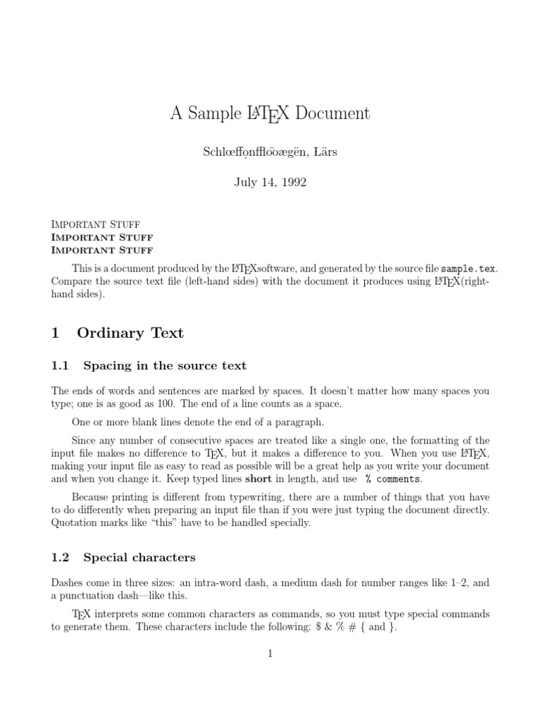 A Sample L TEX Document: 1 Ordinary Text | PDF | Publishing | Notation
