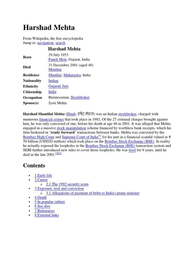 Harshad Mehta | PDF | Financial Markets | Investing