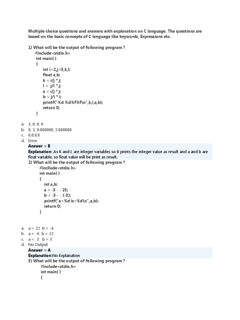 Multiple Choice Questions C Language Pdf C Programming Language Integer Computer Science