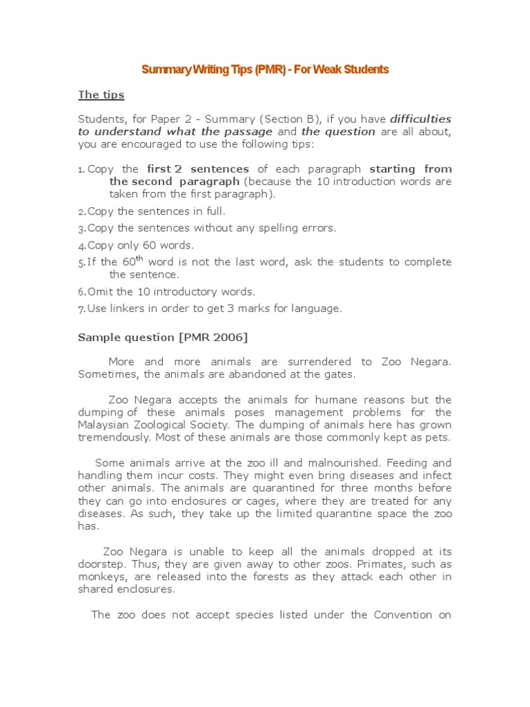 Summary Writing Tips | PDF | Zoo | Quarantine