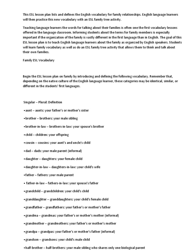ESL Family Vocabulary and Activities | PDF | English As A Second Or ...