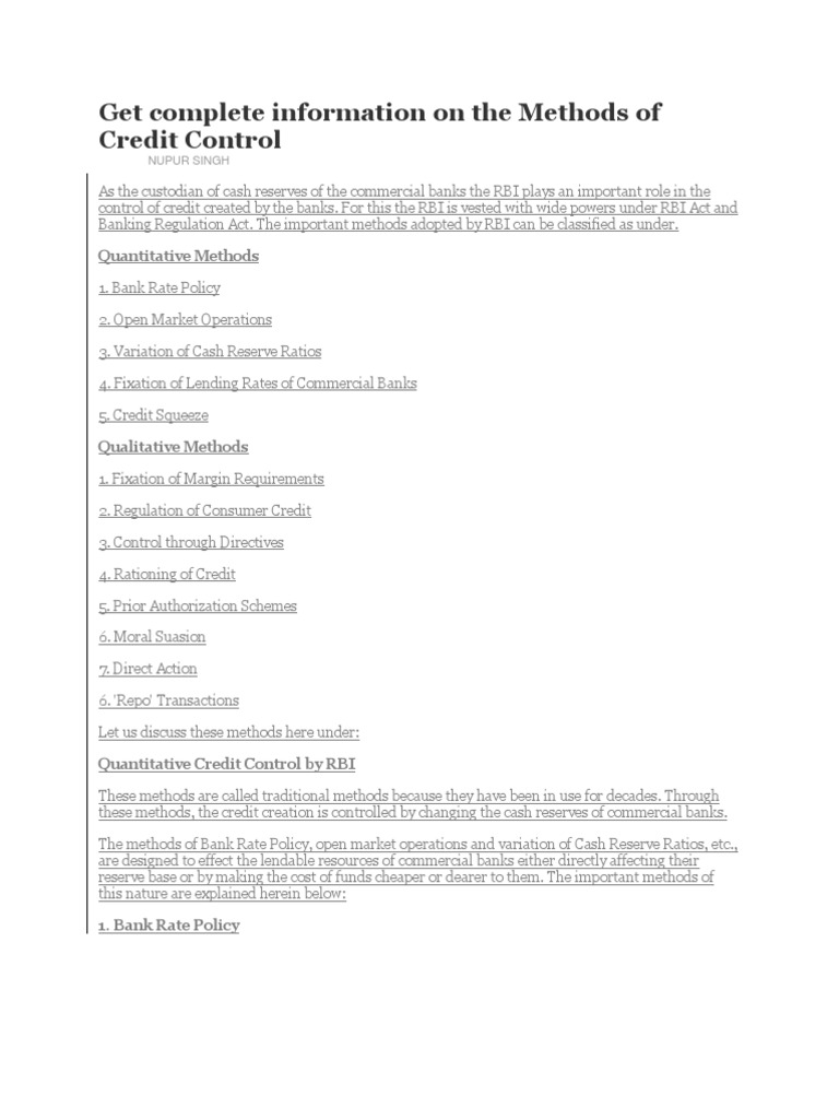 Methods of Credit Control | PDF | Reserve Bank Of India | Open Market ...