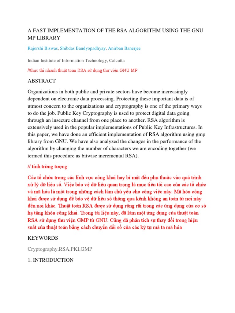 A Fast Implementation of The Rsa Algorithm Using The Gnu MP Library | PDF