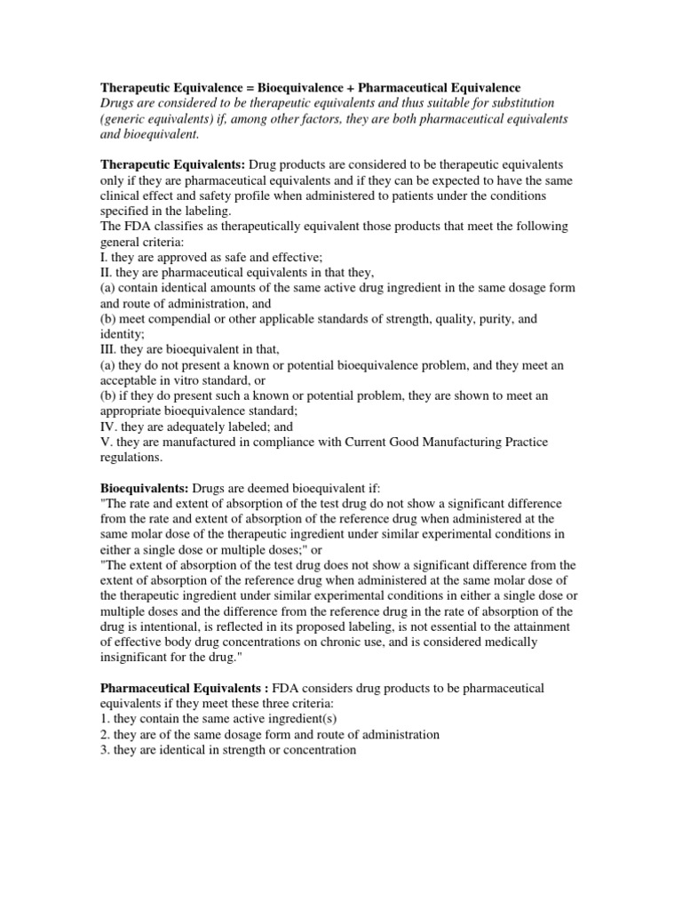 Therapeutic Equivalence | PDF | Pharmaceutical Drug | Food And Drug ...