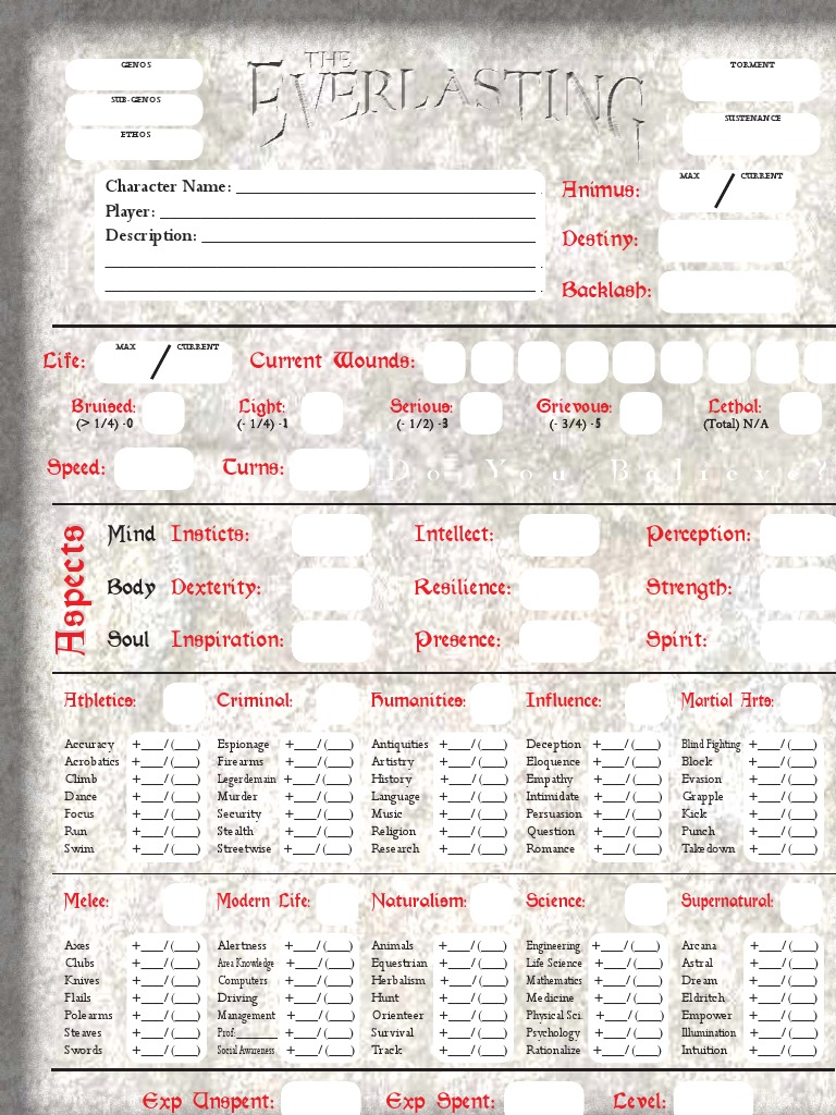 Everlusting Life Character Sheet | PDF | Science | Science (General)