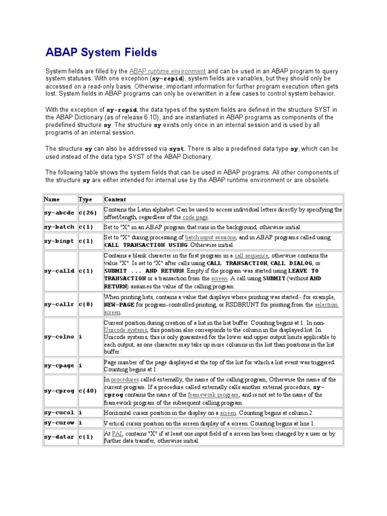 Abap System Fields Pdf C Programming Language Subroutine 1067
