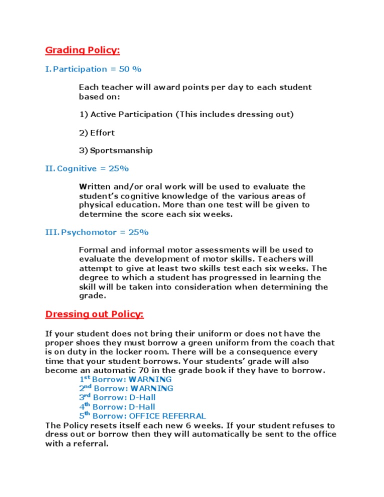 Physical Education Grading Policy Guide | PDF | Career & Growth