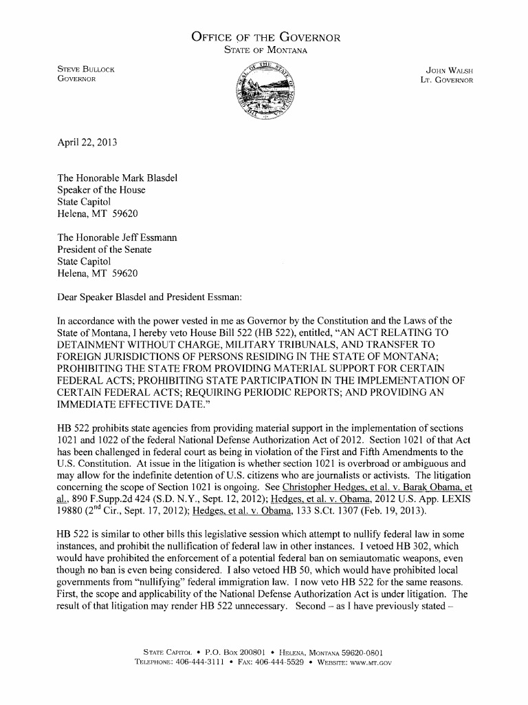 Montana Governor Veto Statement of HB522 (04-22-13) | Government ...