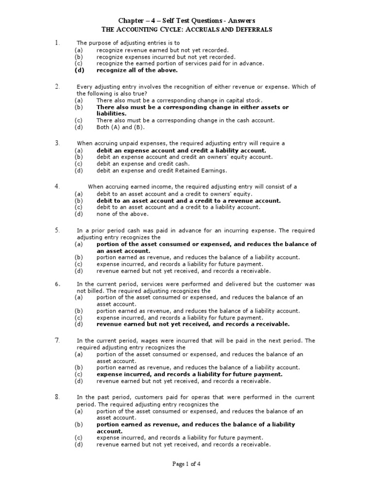 Self Test Questions - Chap - 4 - Answers | PDF | Debits And Credits ...
