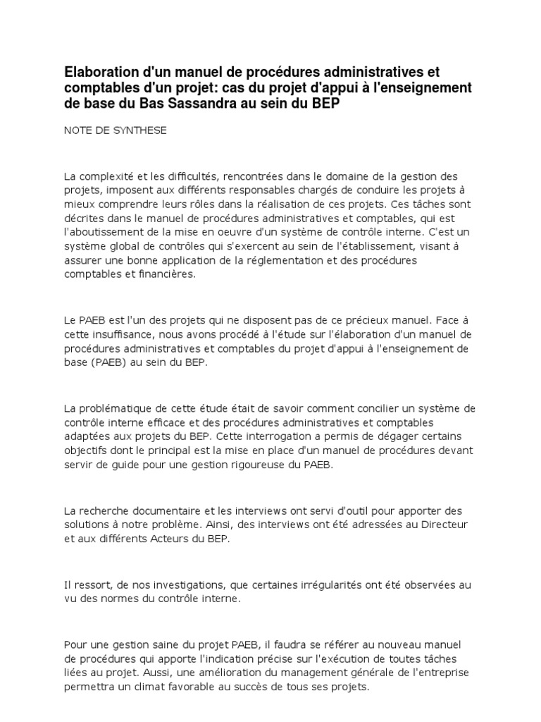 Elaboration D'un Manuel de Procédures Administratives Et Comptables ...