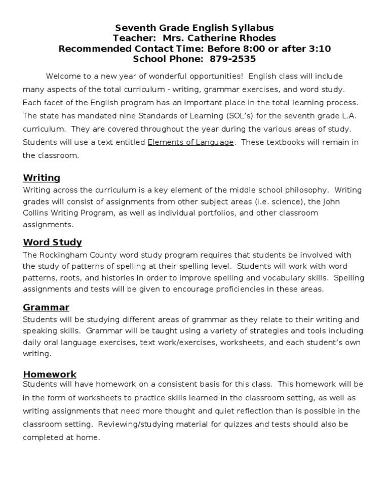 Seventh Grade English Syllabus Overview | PDF