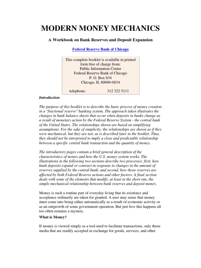 Modern Money Mechanics: A Workbook On Bank Reserves and Deposit ...