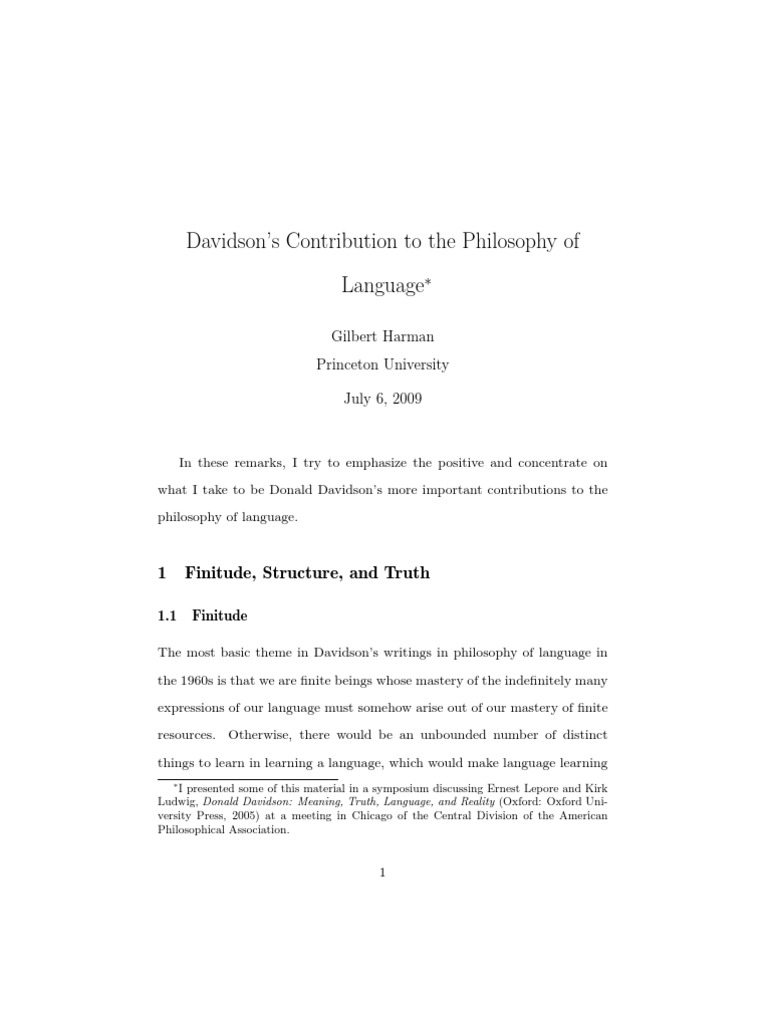 Davidson's Contribution To The Philosophy of Language: 1 Finitude ...