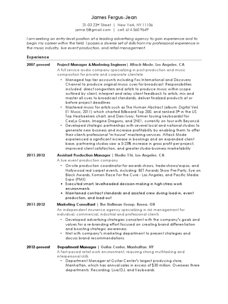 James Fergus-Jean Resume 2013 | PDF | Advertising | Marketing