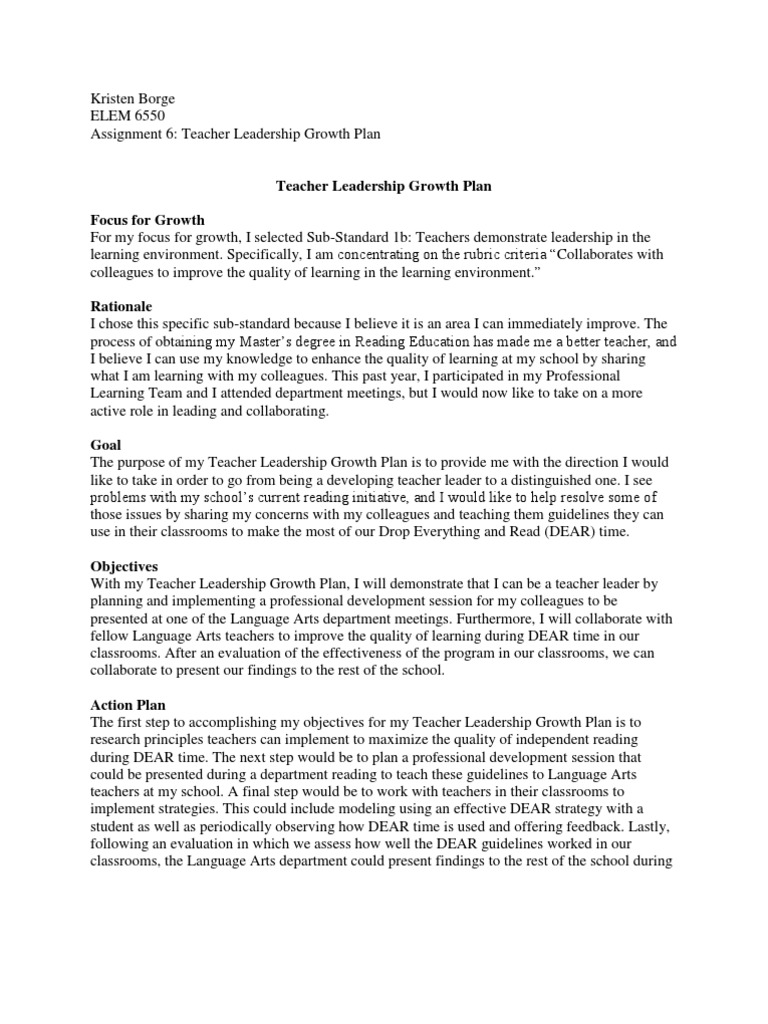 Teacher Leadership Growth Plan | PDF | Teachers | Reading (Process)