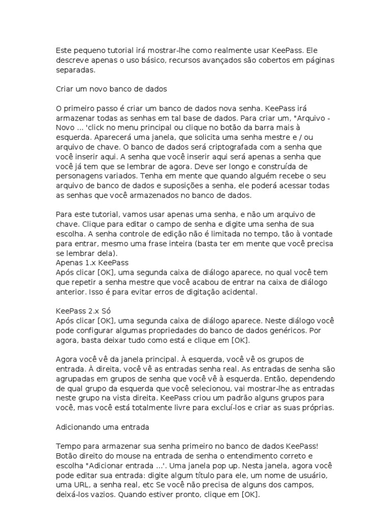 Tutorial KeePass | PDF | Janela (informática) | Bancos de dados