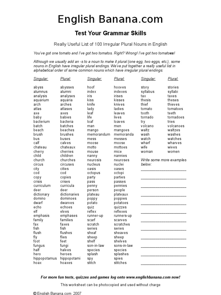 List of 100 Irregular Plural Nouns in English | PDF