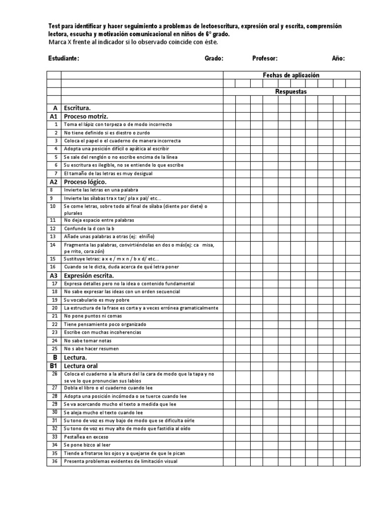 Test General de Escritura y Lectura | PDF | Lectura (proceso) | Palabra