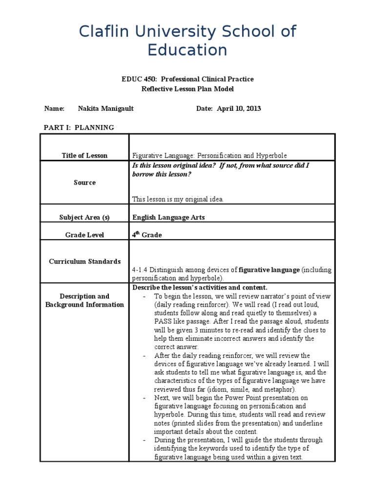 Reflective Lesson Plan (Video Lesson) Personification and Hyperbole ...