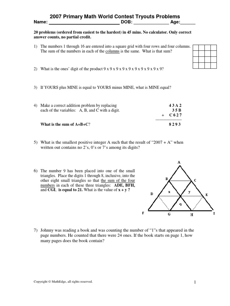 2007 PMWC Tryouts Problems | PDF | Arithmetic | Discrete Mathematics