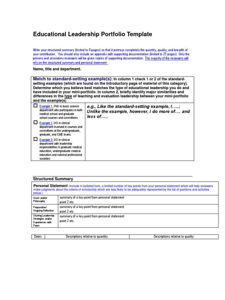 Educational Leadership Portfolio Template: Match To Standard-Setting ...