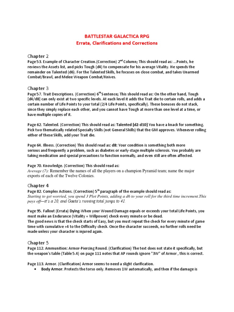 BSG RPG Errata | PDF | Armour | Weaponry