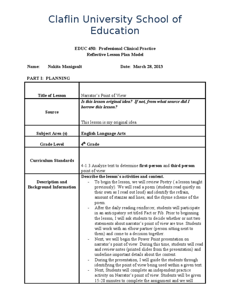 Reflective Lesson Plan Narrator's Point of View | PDF | Reading ...