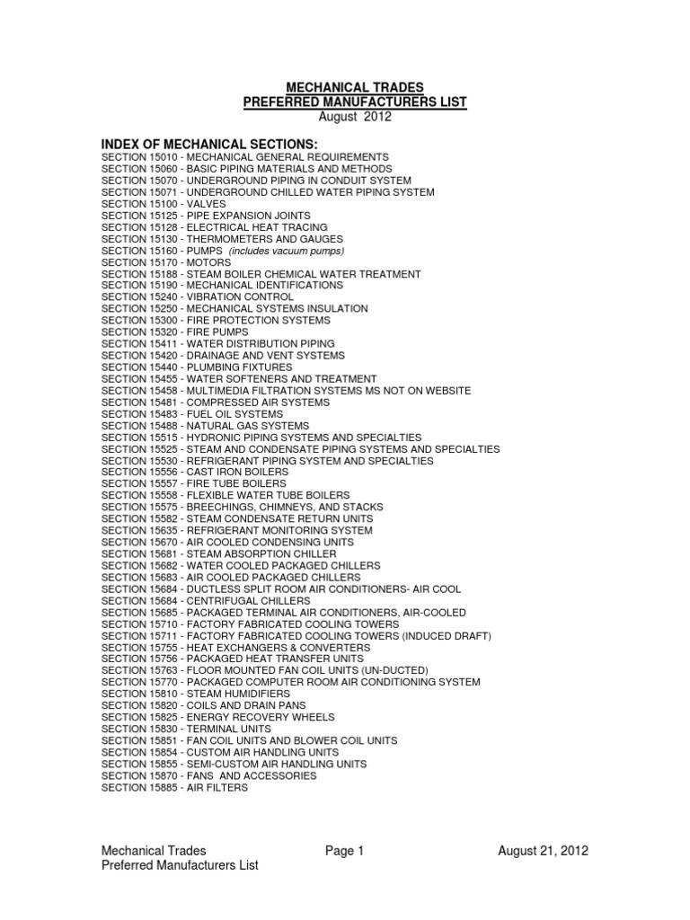 Mechanical Trades Preferred Manufacturers List August 2012 | PDF