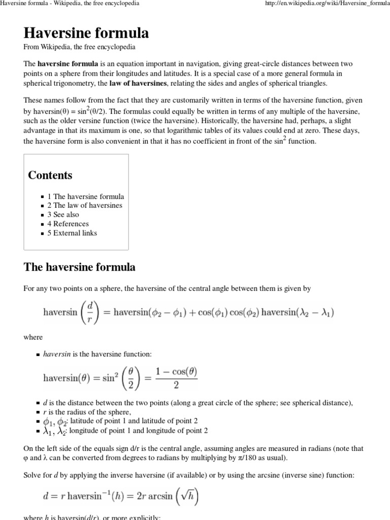 Haversine Formula - Wikipedia, The Free Encyclopedia | PDF | Euclidean ...