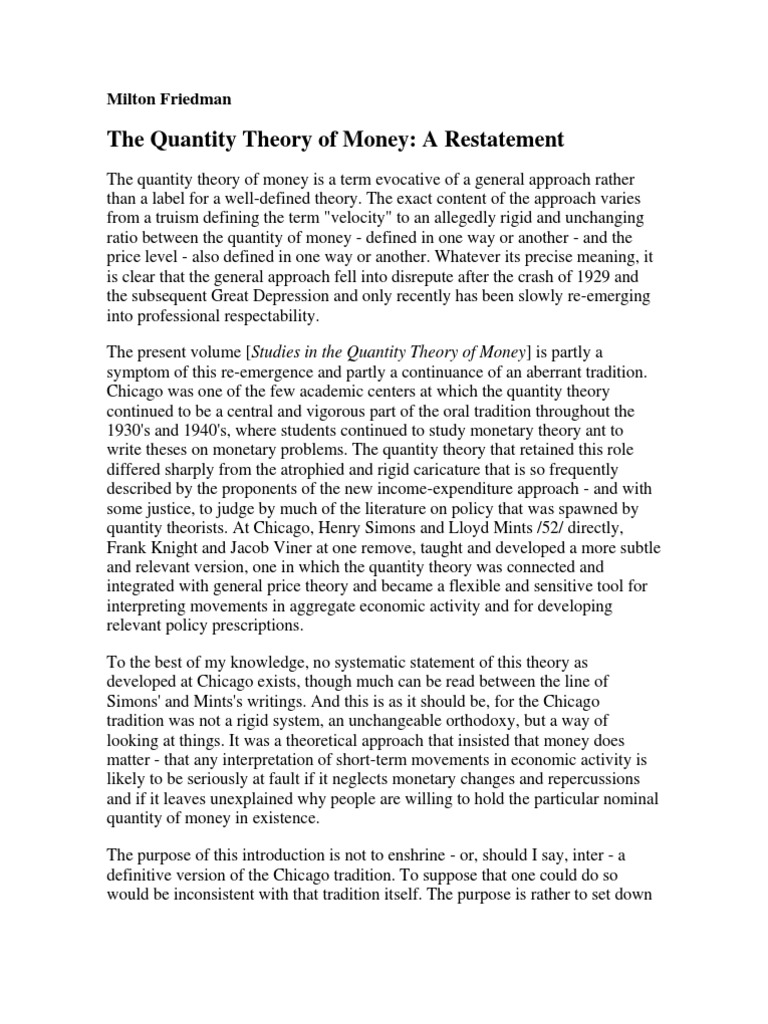 The Quantity Theory of Money A Restatement | PDF | Demand For Money ...
