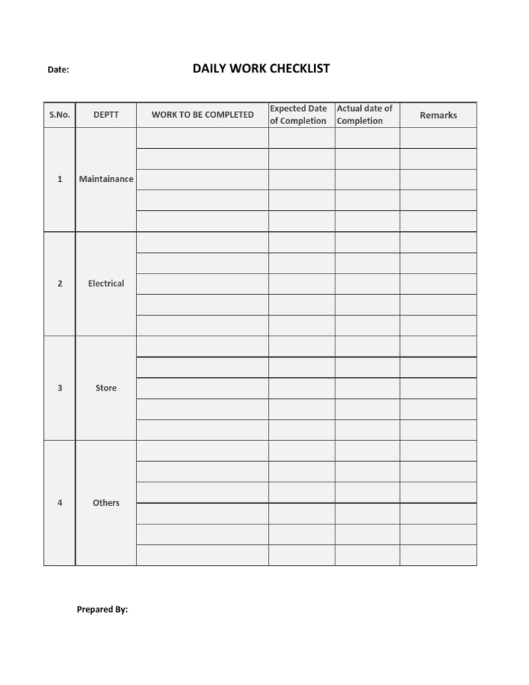 Daily Work Checklist: S.No. Deptt Expected Date of Completion Actual ...
