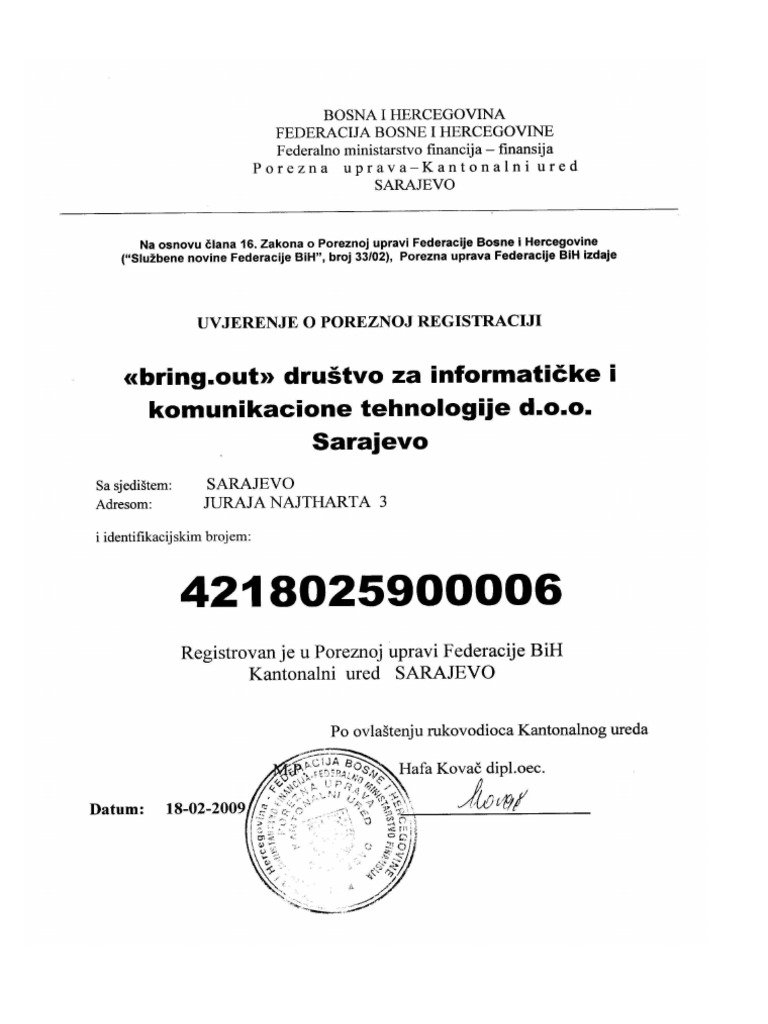 Bring - Out - Uvjerenje o Poreznoj Registraciji - ID Broj | PDF