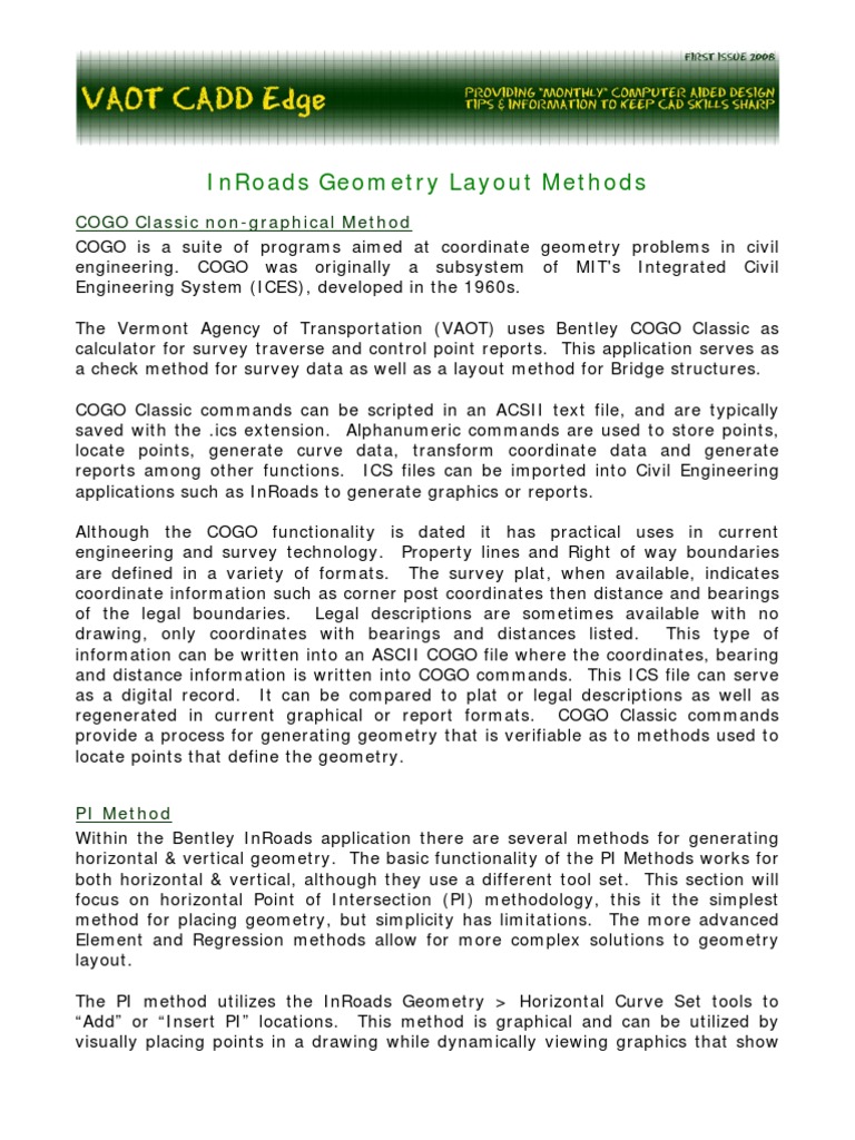 InRoads COGO Geometry Layout Guide | PDF | Curve | Pi