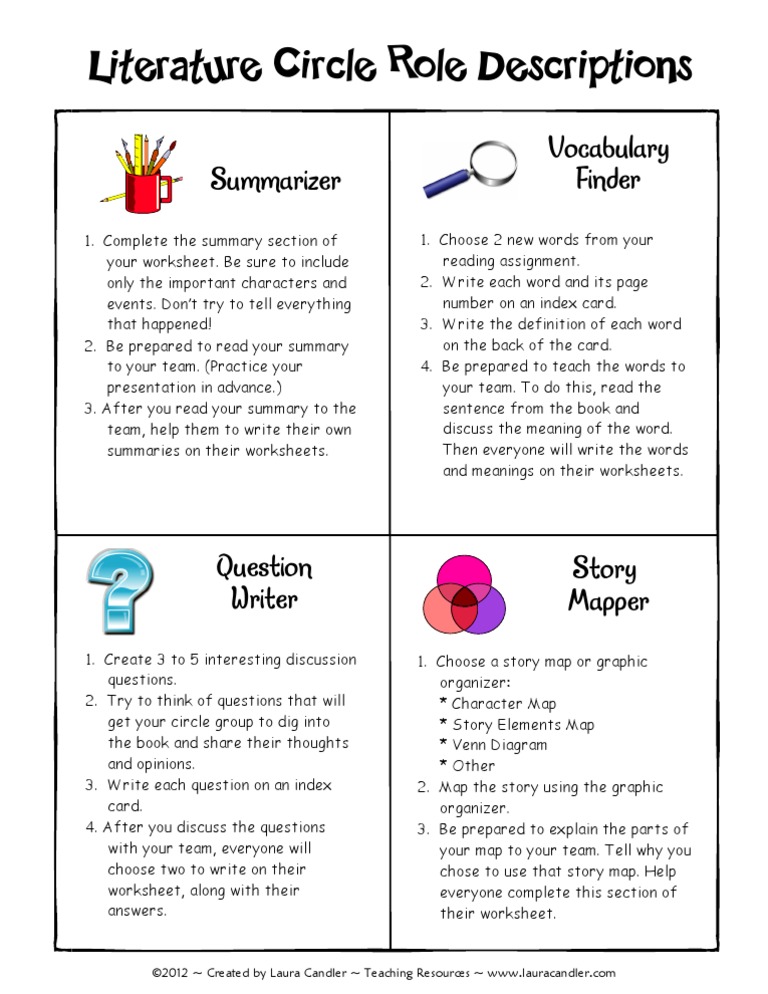 Literature Circle Role Descriptions: Summarizer Vocabulary Finder | PDF ...