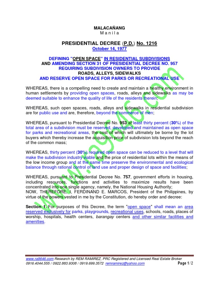 Presidential Decree (P.D.) No. 1216: Malacañang | Parks | President Of ...