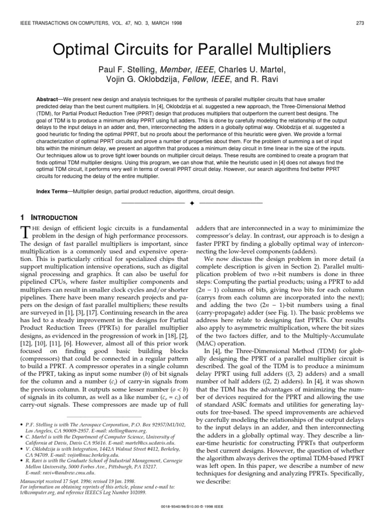 Optimal Circuits For Parallel Multipliers: Paul F. Stelling,,, Charles U. Martel, Vojin G ...