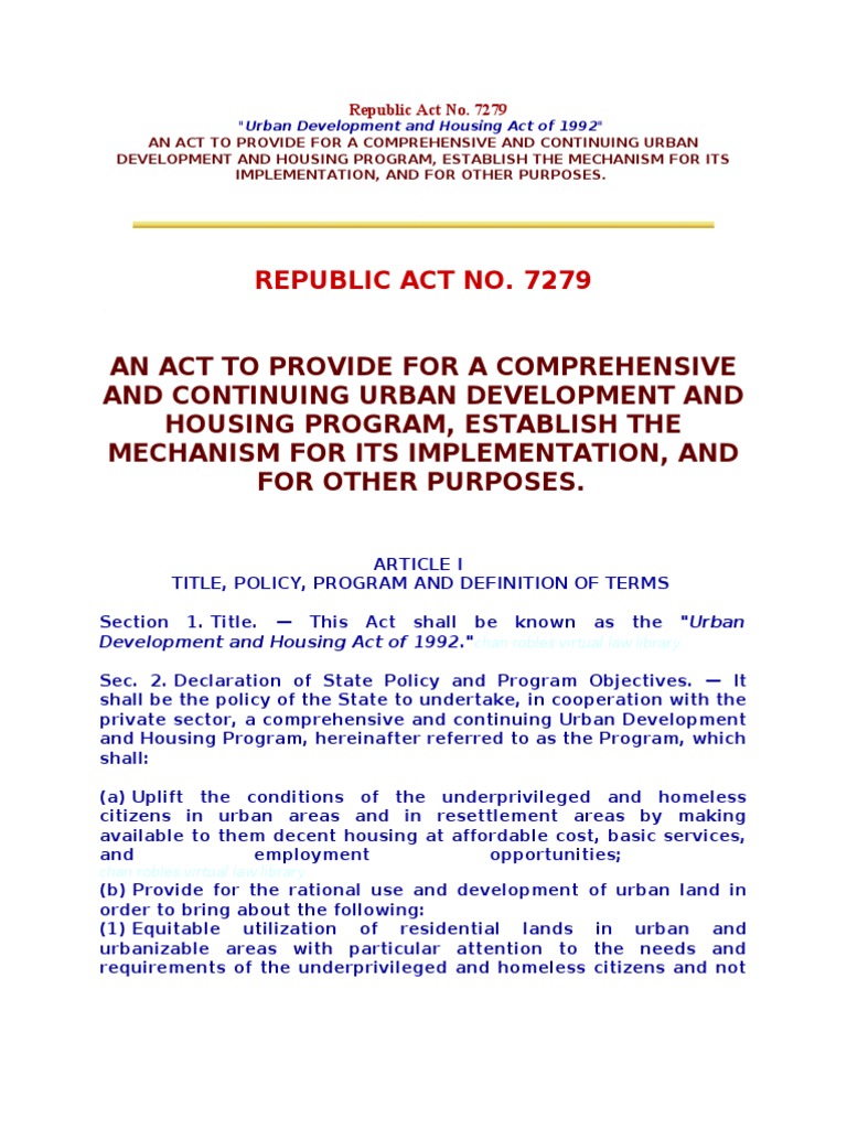 Ra 7279 | PDF | Squatting | Real Property