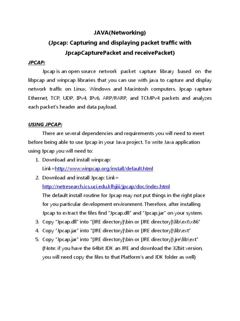 Java (Networking) (Jpcap: Capturing and Displaying Packet Traffic With Jpcapcapturepacket and ...