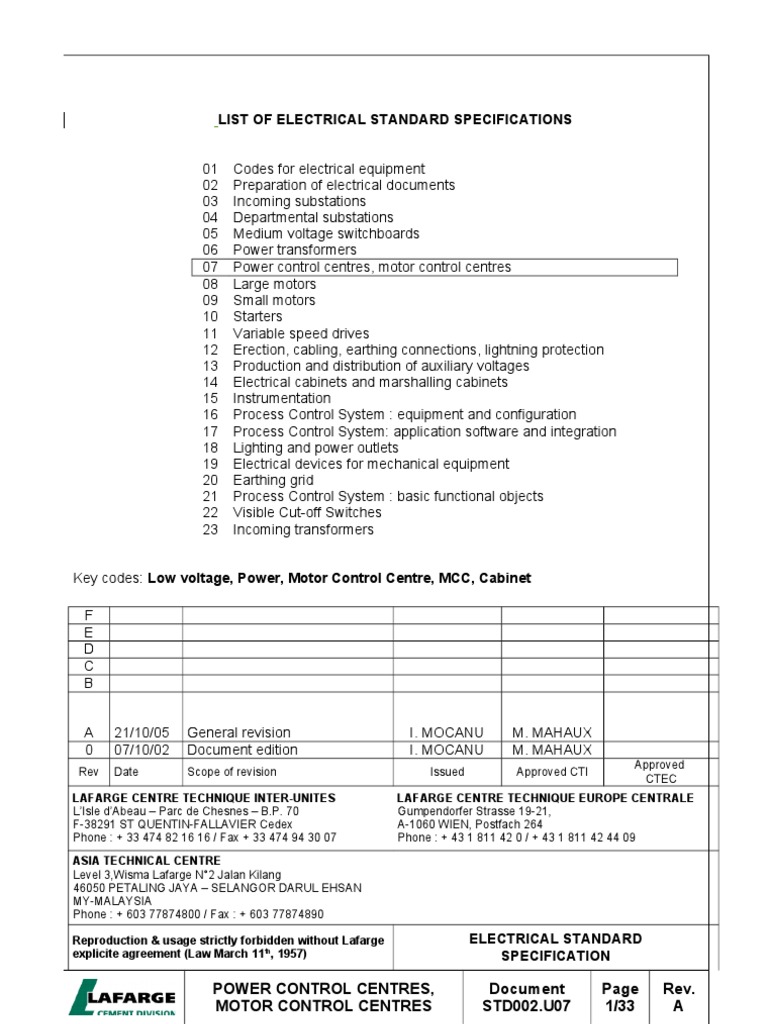 List of Electrical Standard Specifications: Power Control Centres ...