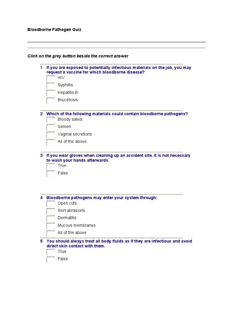 Bloodborne Pathogen Quiz Overview | PDF | Public Health | Medical ...