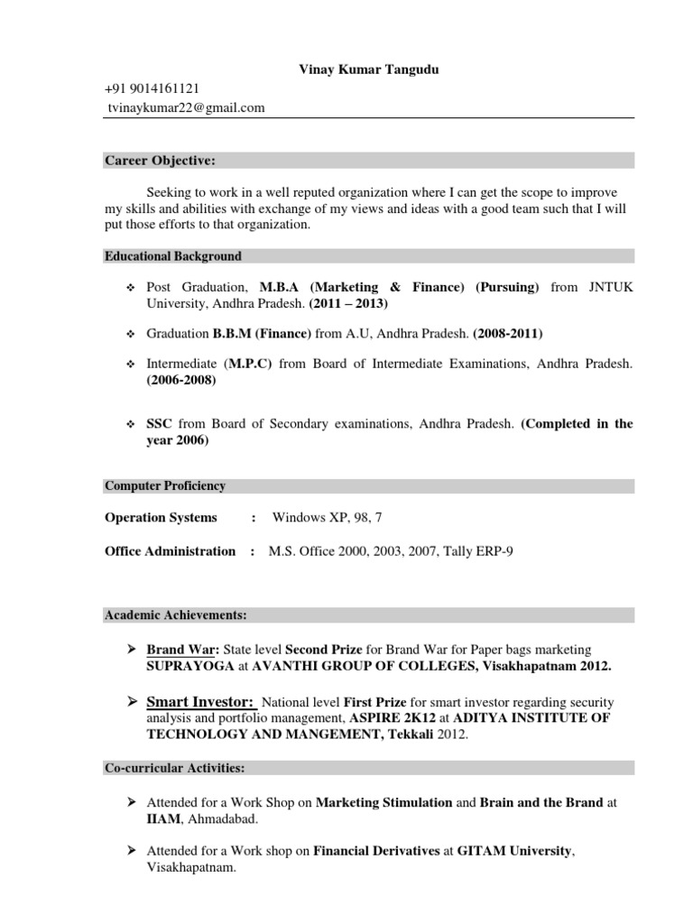 Vinay Kumar Tangudu's Resume | PDF